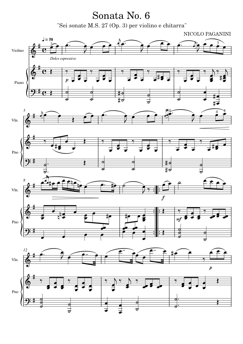 Sonata No 6, op. 3 per violino e chitarra – Niccolò Paganini Sonata No. 6 Sheet music for Piano ...