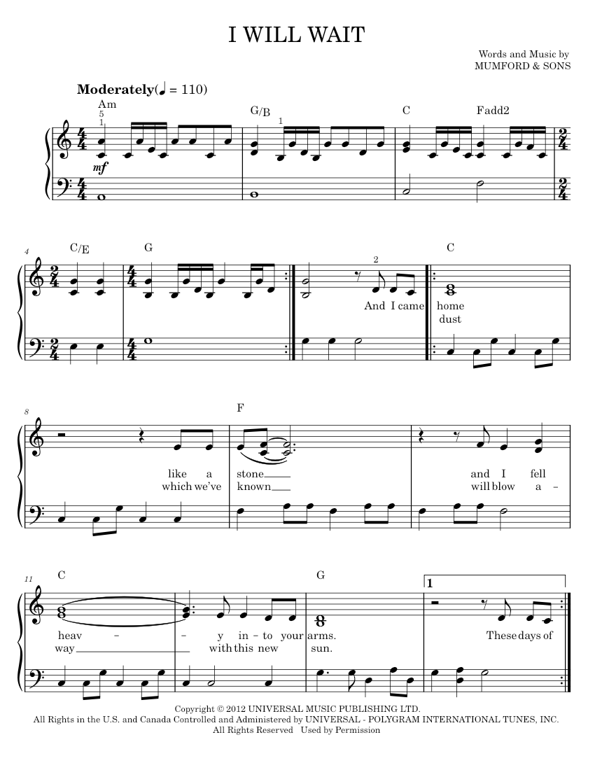 Play Official version of I will wait Sheet Music by Mumford & Sons for ...