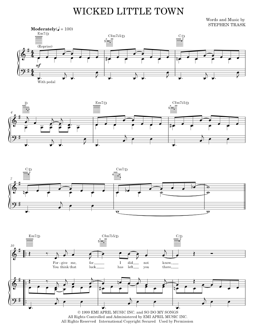 wicked little town Sheet music for Piano, Vocals by Stephen Trask ...