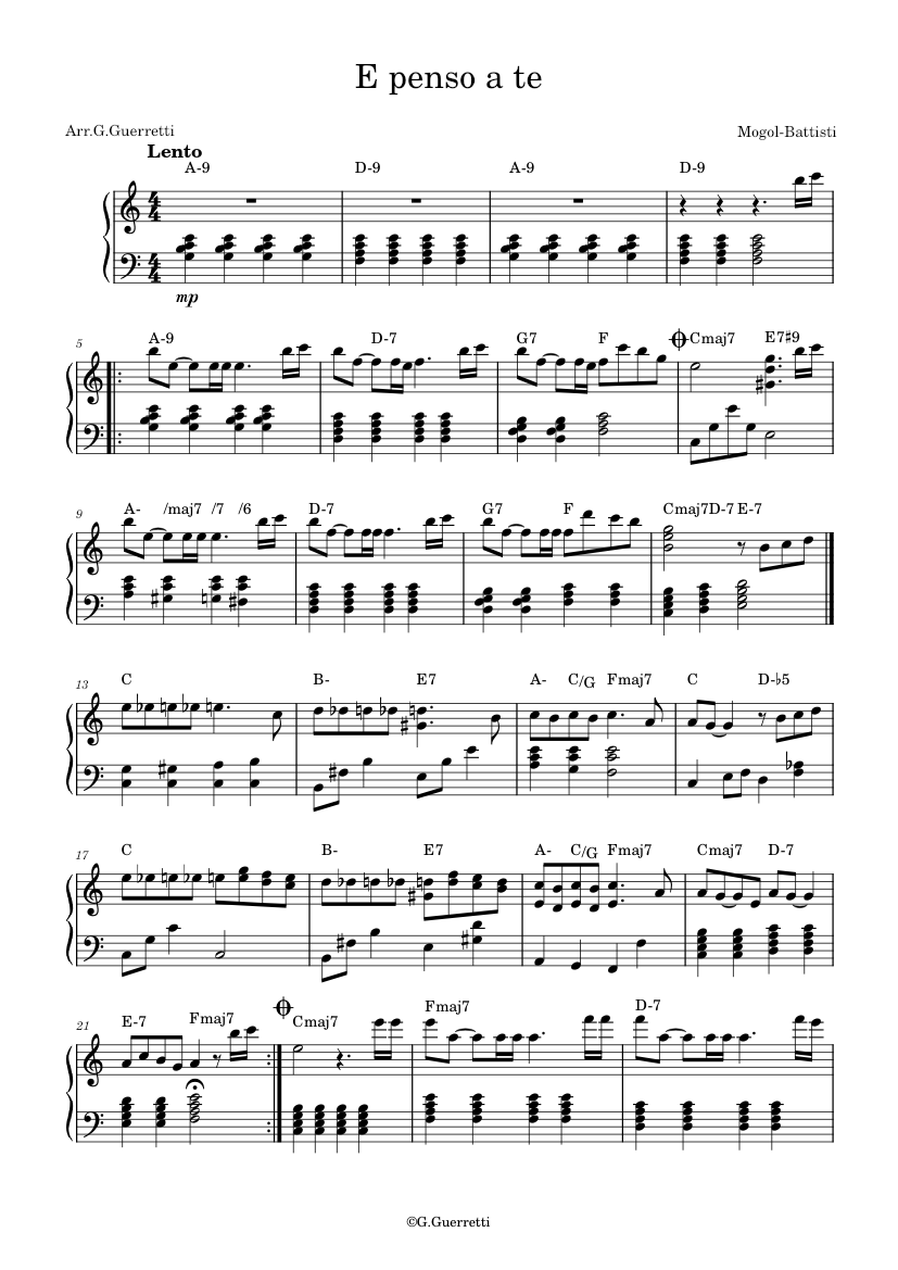 E penso a te – Lucio Battisti Sheet Music with Chords for Piano (Solo ...