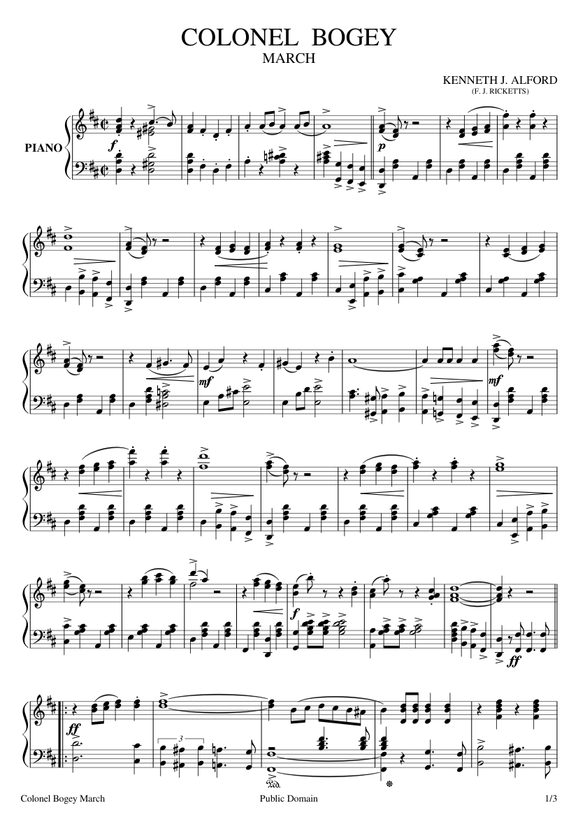 Colonel Bogey March - Kenneth J. Alford - 1914 Sheet Music for Piano ...