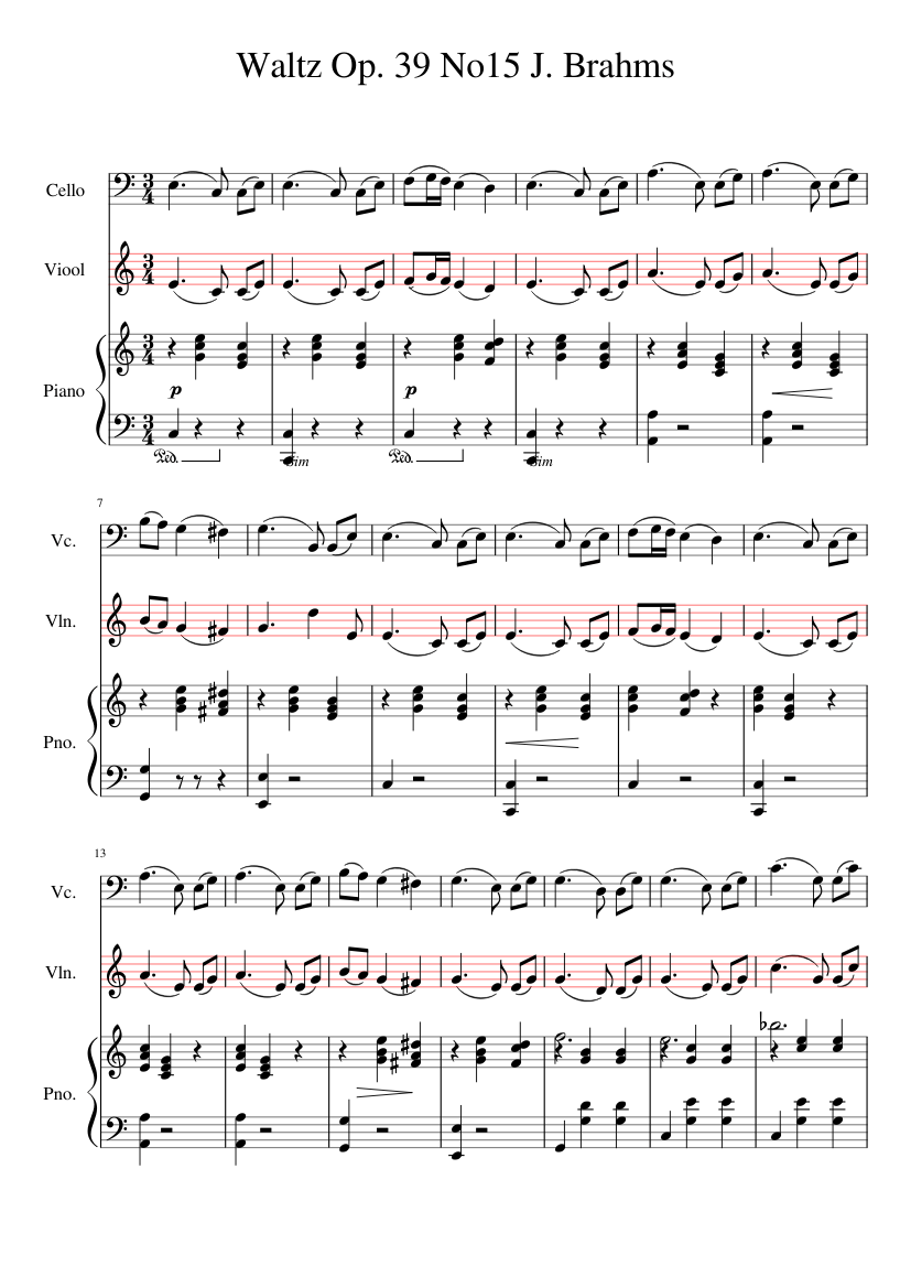 Op. 39 No15 J. Brahms Sheet music for Piano, Violin, Cello (Piano Trio ...