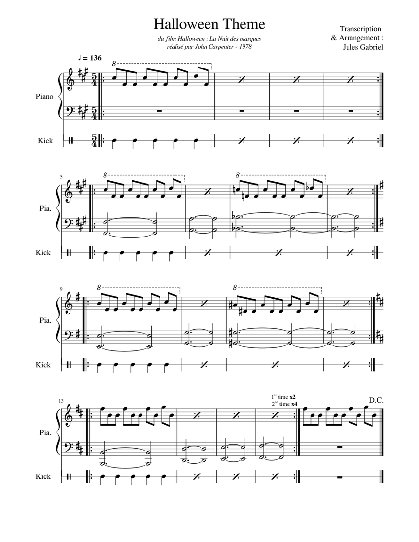 Halloween Theme - du film de John Carpenter 1978 Sheet music for Piano ...