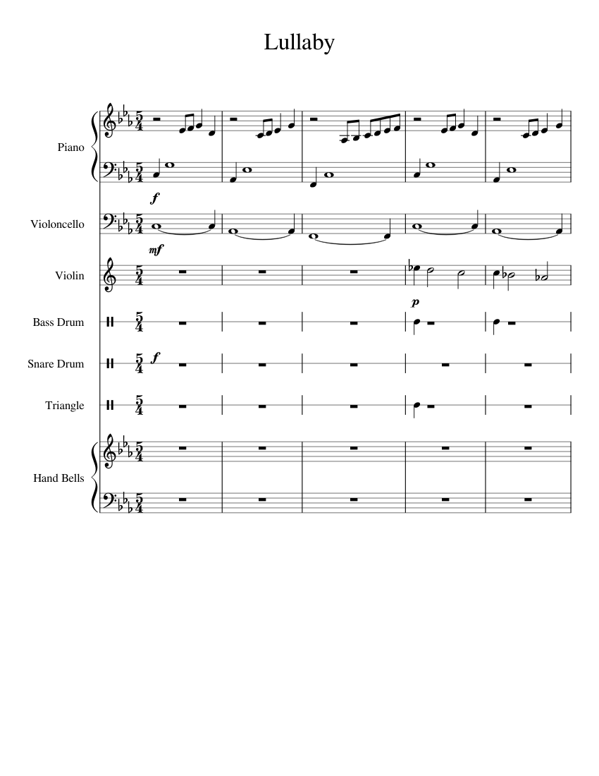 Lullaby Sheet music for Piano, Violin, Cello, Snare Drum, Bass Drum ...