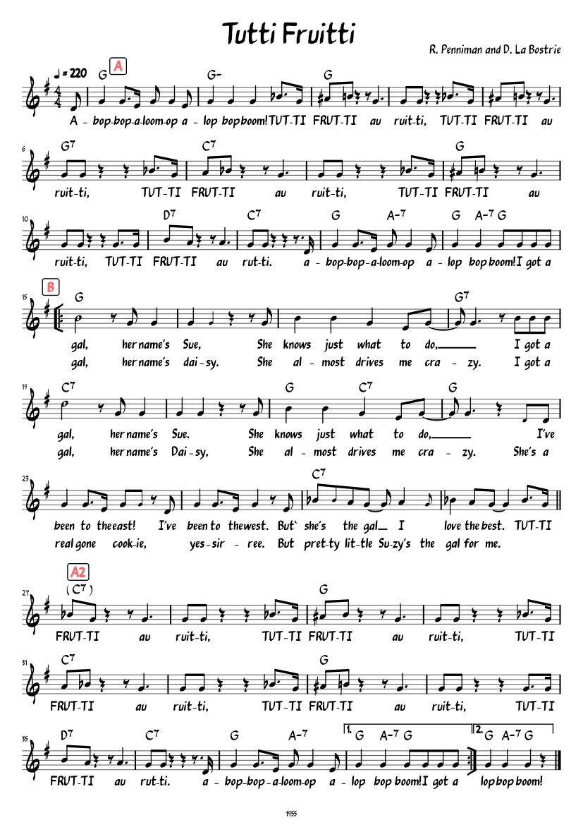 Tutti Frutti (Lead sheet with lyrics ) Sheet Music with Chords for ...
