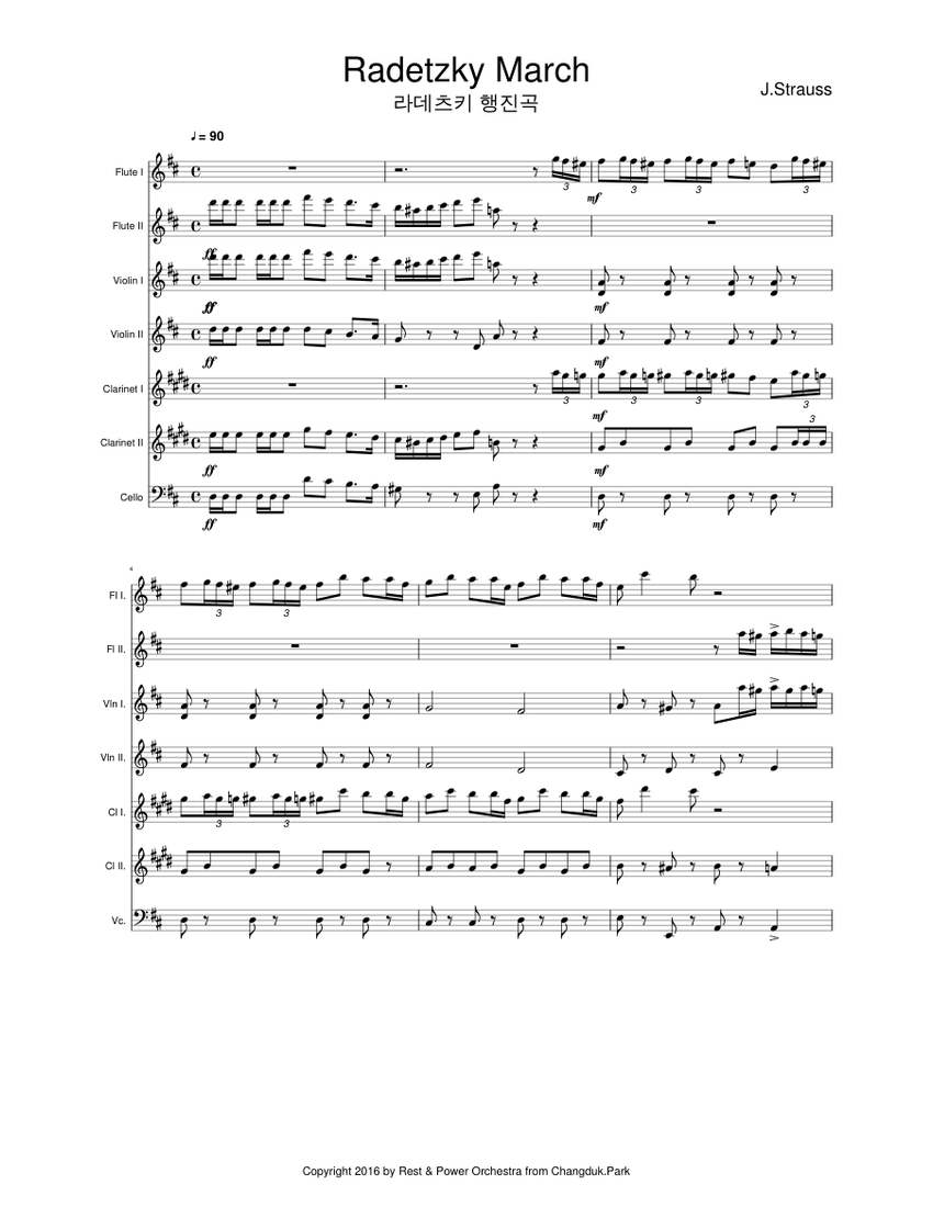 Radetzky March Sheet music for Flute, Clarinet in b-flat, Violin, Cello ...