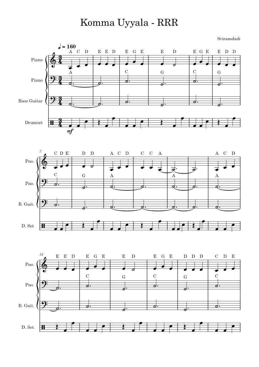 Komaram Bheemudu - RRR- Sriramdadi Sheet Music for Piano, Bass guitar ...