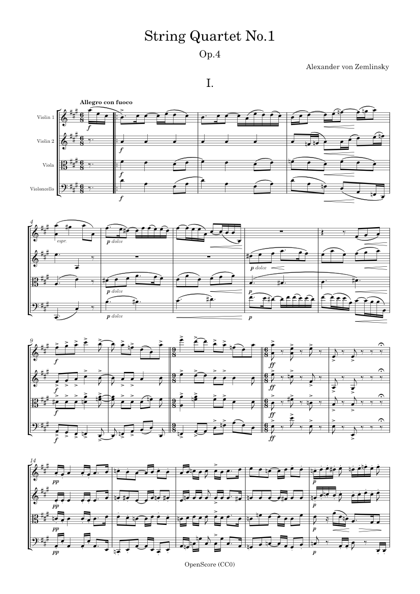 String Quartet No.1, Op.4 – Alexander von Zemlinsky – TEMPLATE Sheet music for Violin, Viola ...