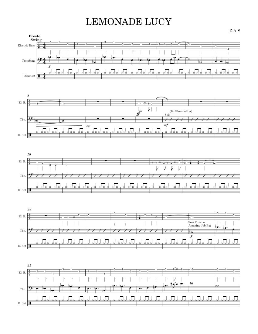 LEMONADE LUCY Sheet music for Trombone, Bass guitar, Drum group (Mixed ...