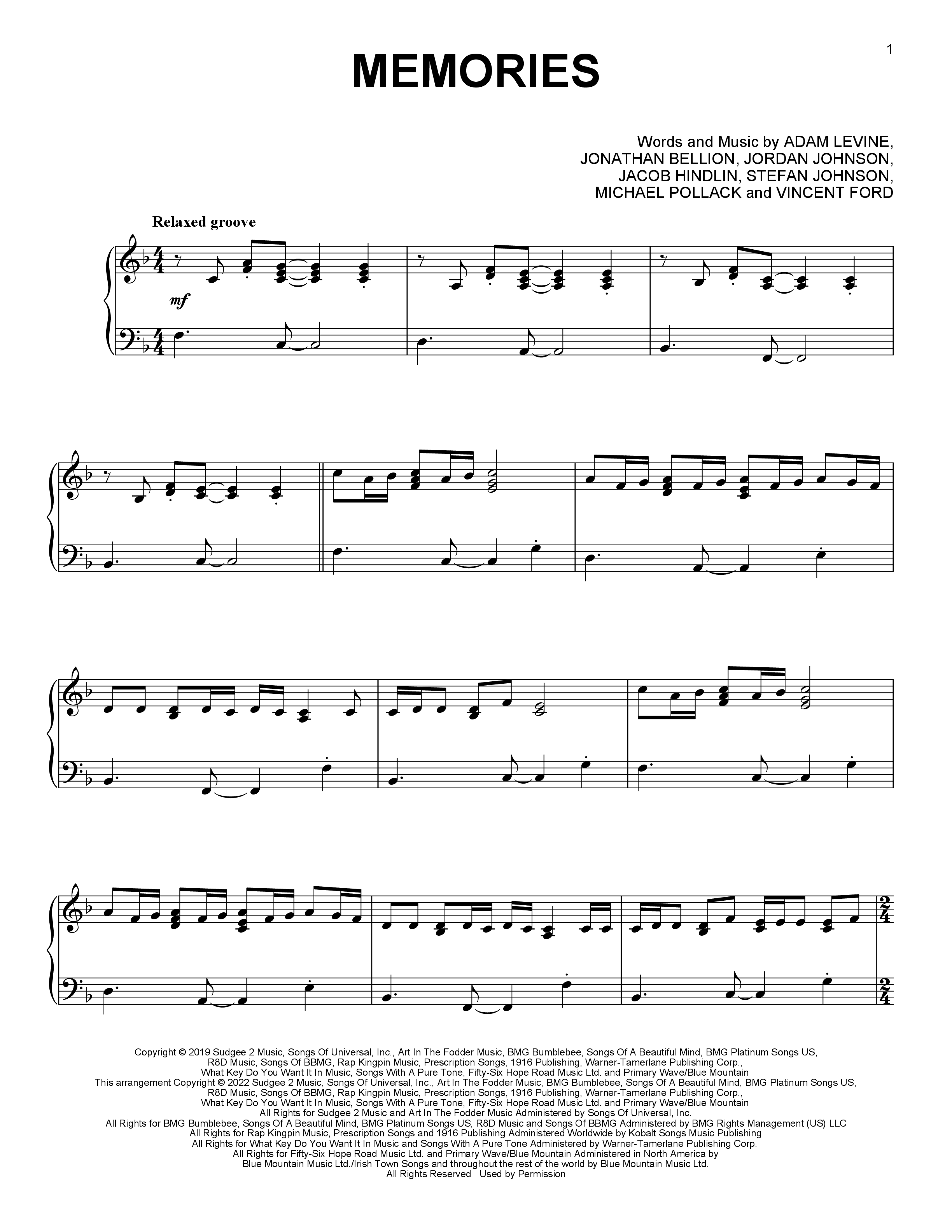 Play Official version of Memories Sheet Music by Maroon 5 for Piano ...