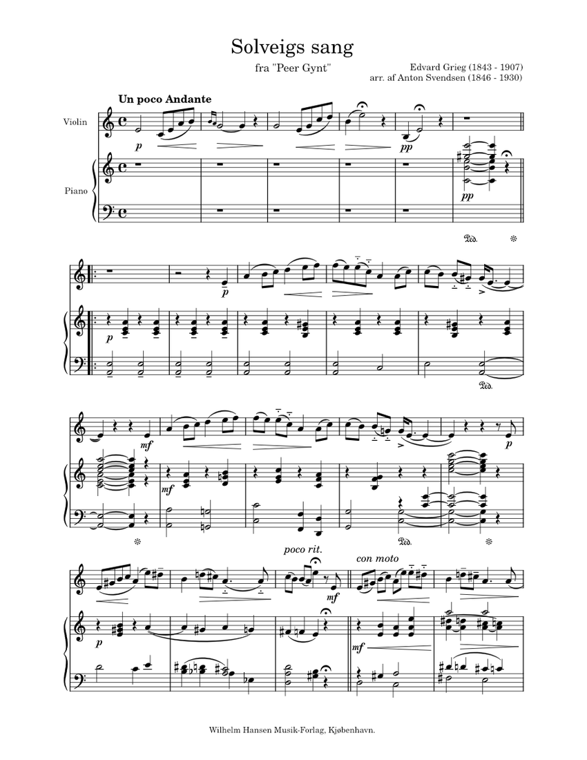 Solveigs sang Sheet music for Piano, Violin (Solo) | Musescore.com