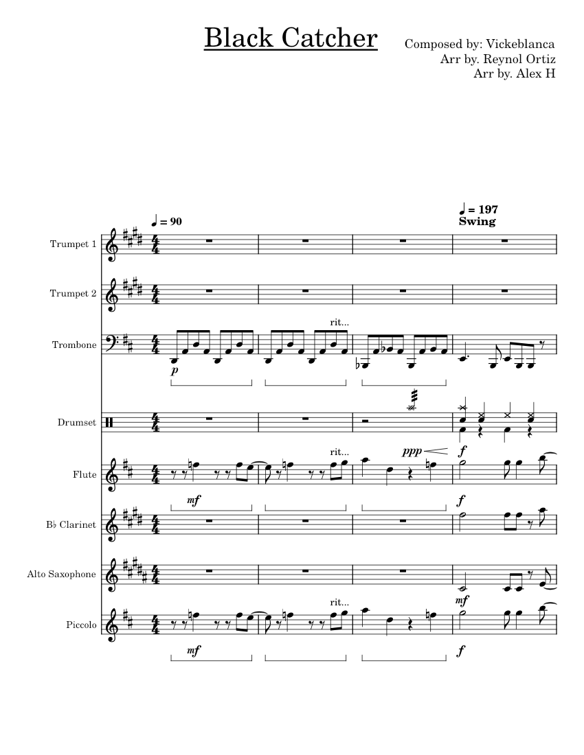 Black Clover OP 10 "Black Catcher" Sheet music for Trombone, Flute piccolo, Flute, Clarinet in b ...