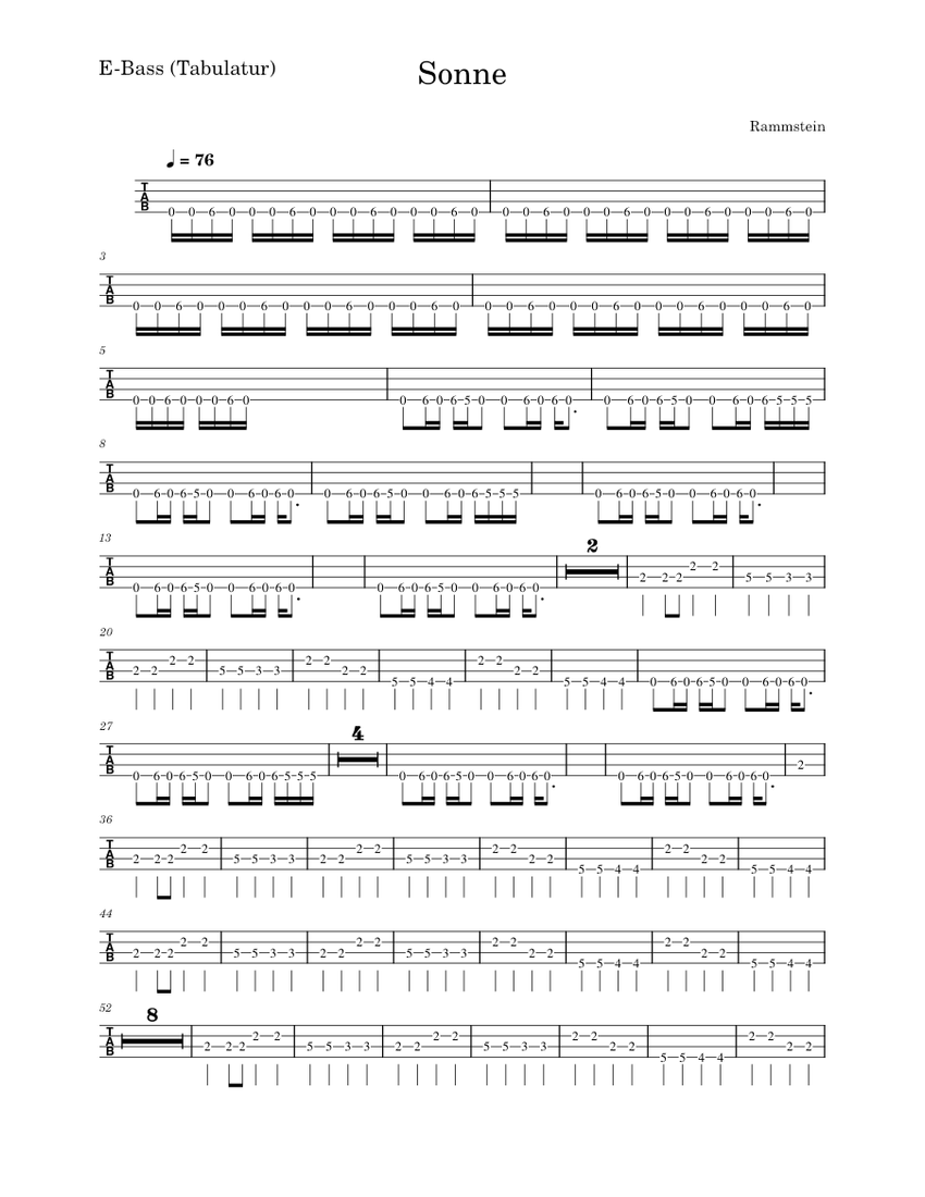 Sonne – Rammstein Sonne-Arr Rahe Kirfel E-Bass Tab Sheet music for Bass ...