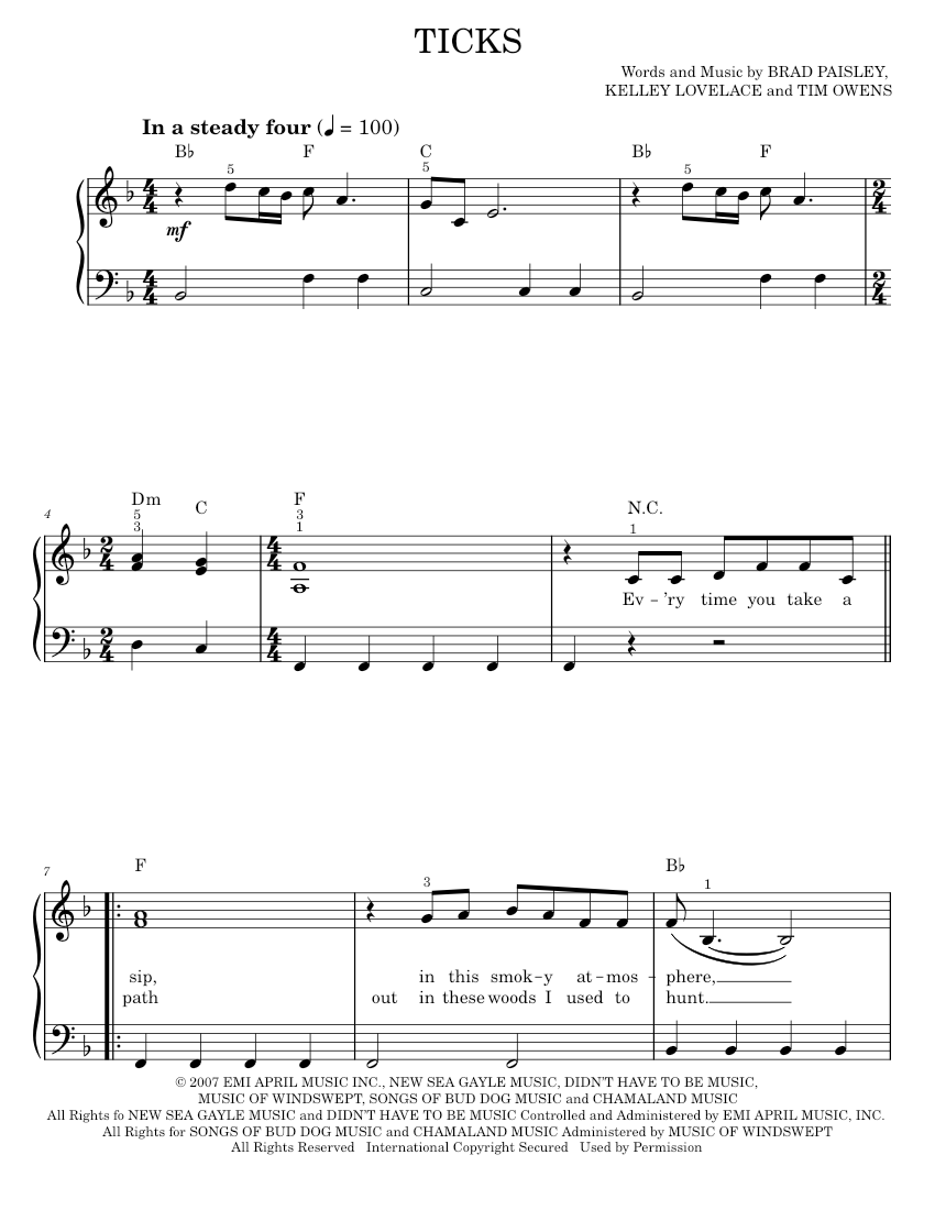 Play Official version of Ticks sheet music by Brad Paisley for Piano ...