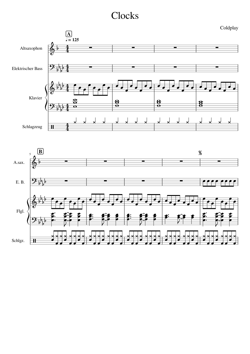 Clocks by Coldplay (Alt Sax, Piano, Bass, Drums) Sheet Music for Piano ...