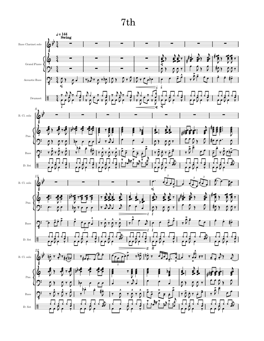 7th Sheet music for Piano, Clarinet bass, Bass guitar, Drum group ...