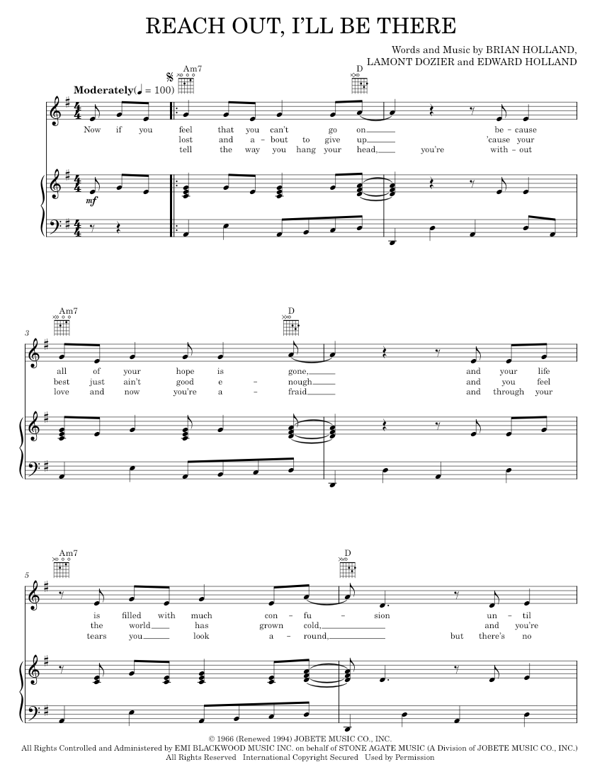 Reach Out, I'll Be There Sheet music for Piano, Vocals by The Four Tops ...