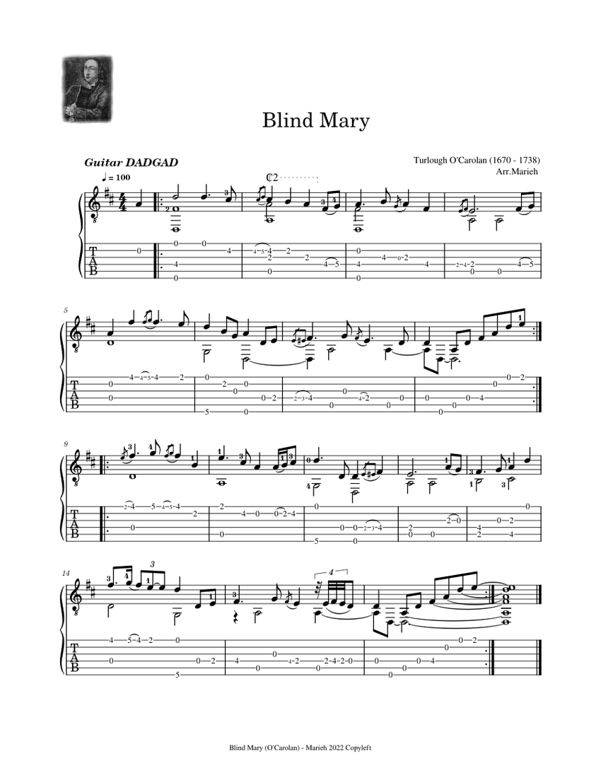 Blind Mary – Turlough O'Carolan (DADGAD Guitar) Sheet music for Guitar ...