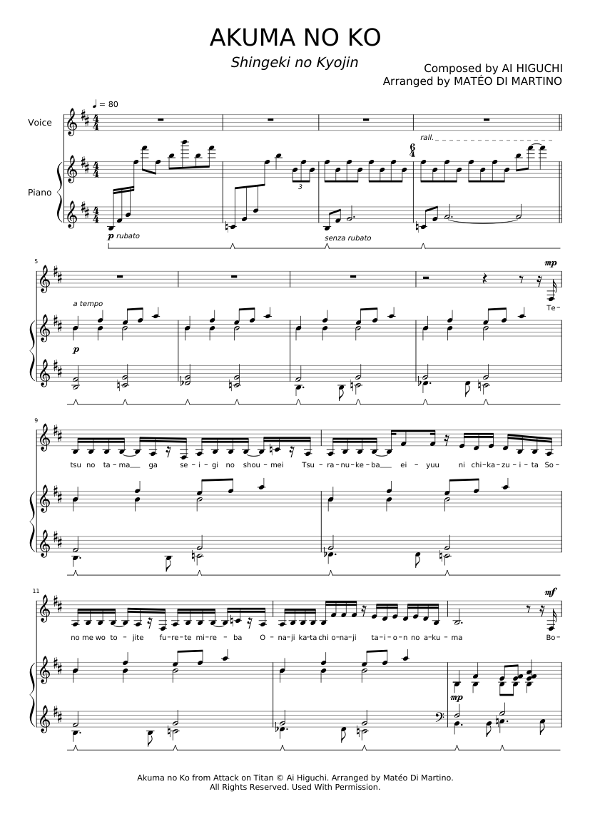 Akuma no Ko – Shingeki no Kyojin (THE FIRST TAKE version) Sheet music ...