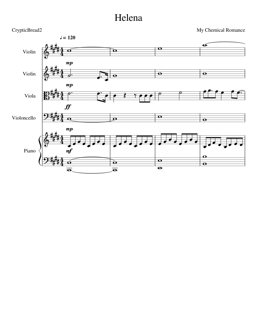 Helena Sheet Music for Piano, Violin, Viola, Cello (Piano Quintet ...