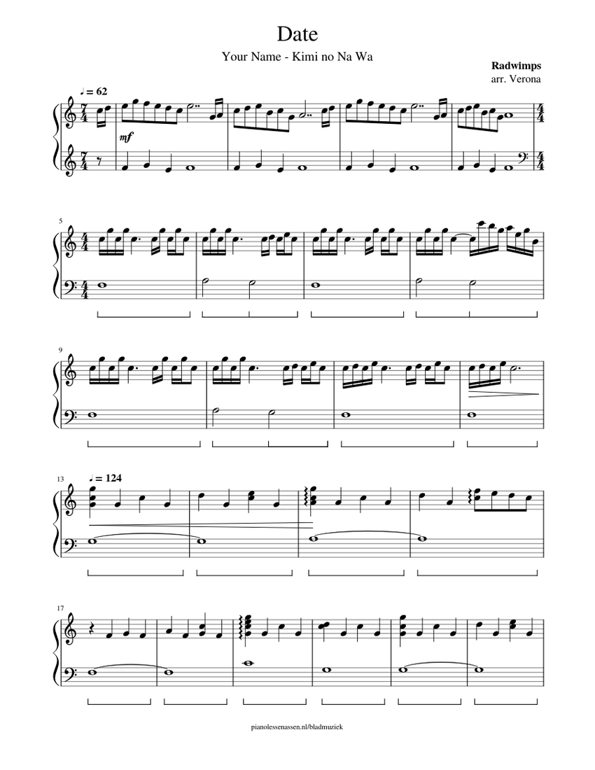 Date - Your Name / Kimi no Na Wa Sheet music for Piano (Solo) Easy ...