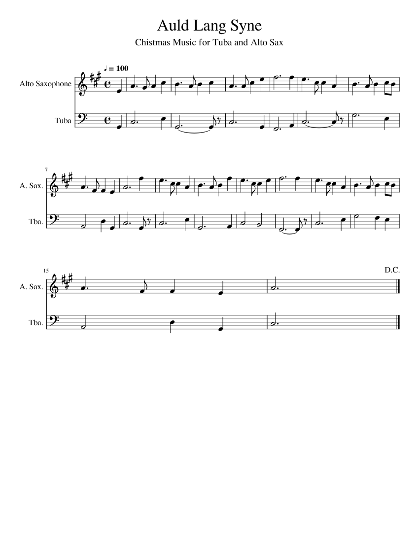Auld Lang Syne Sheet music for Tuba, Saxophone alto (Mixed Duet ...