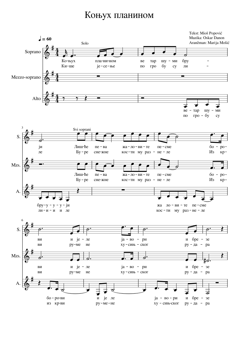 Konjuh planinom troglas Sheet Music for Soprano, Alto, Mezzo soprano ...