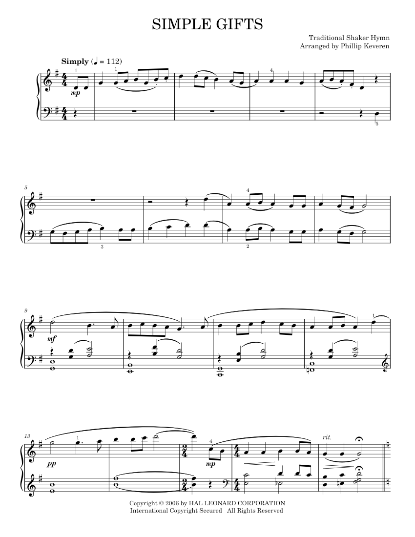Play Official version of Simple Gifts Sheet Music by Aaron Copland for ...
