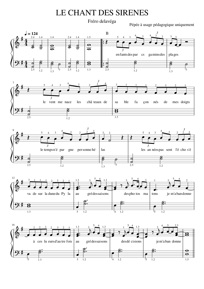 LE CHANT DES SIRENES Sheet Music with Chords for Piano (Solo) Easy ...