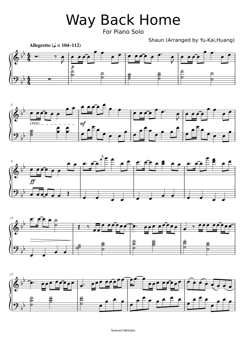 Way Back Home - SHAUN Sheet Music for Piano (Solo) Easy | MuseScore.com