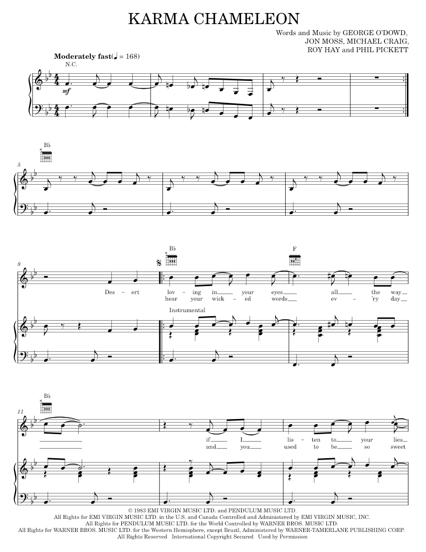 Play Official version of Karma chameleon Sheet Music by Culture Club ...