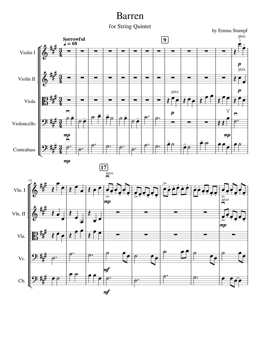 Barren Sheet music for Contrabass, Violin, Viola, Cello (String Quintet ...