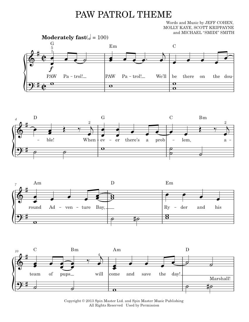 Play Official version of PAW Patrol Theme sheet music by Michael Smidi ...