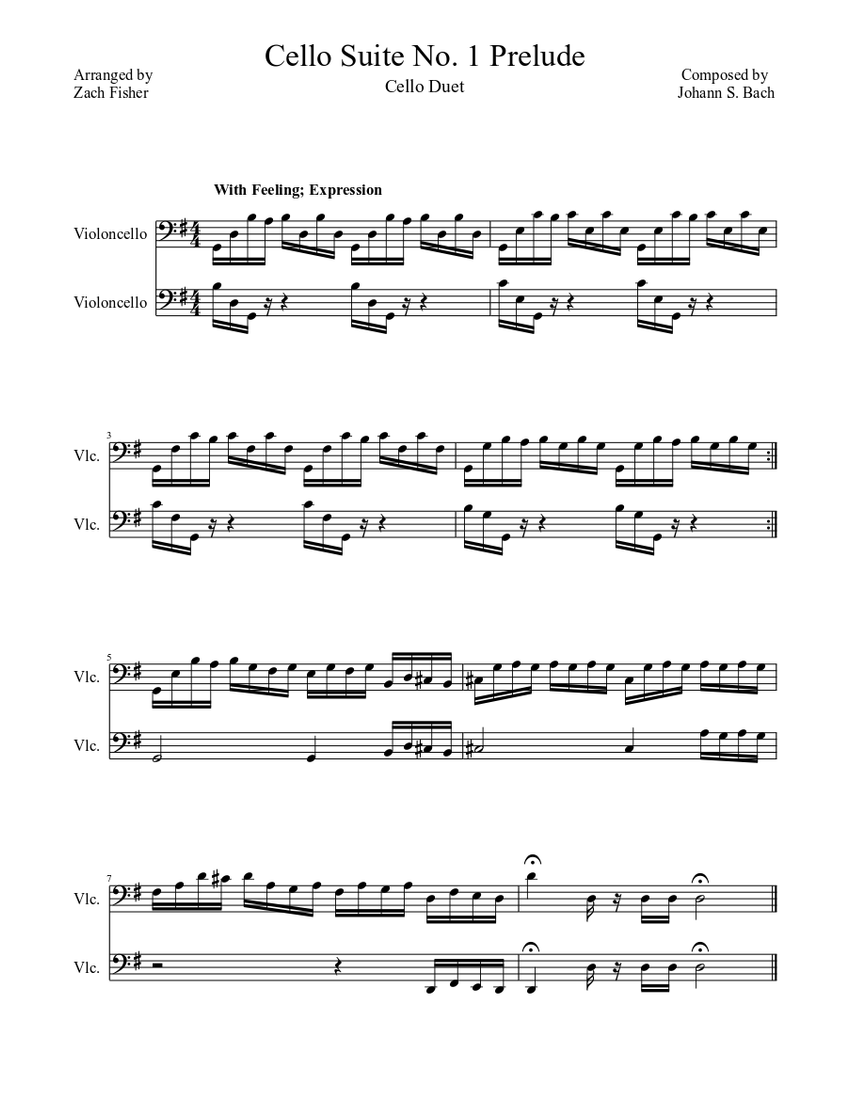Cello Suite No. 1 Prelude by Bach; Cello Duet Sheet music for Cello ...