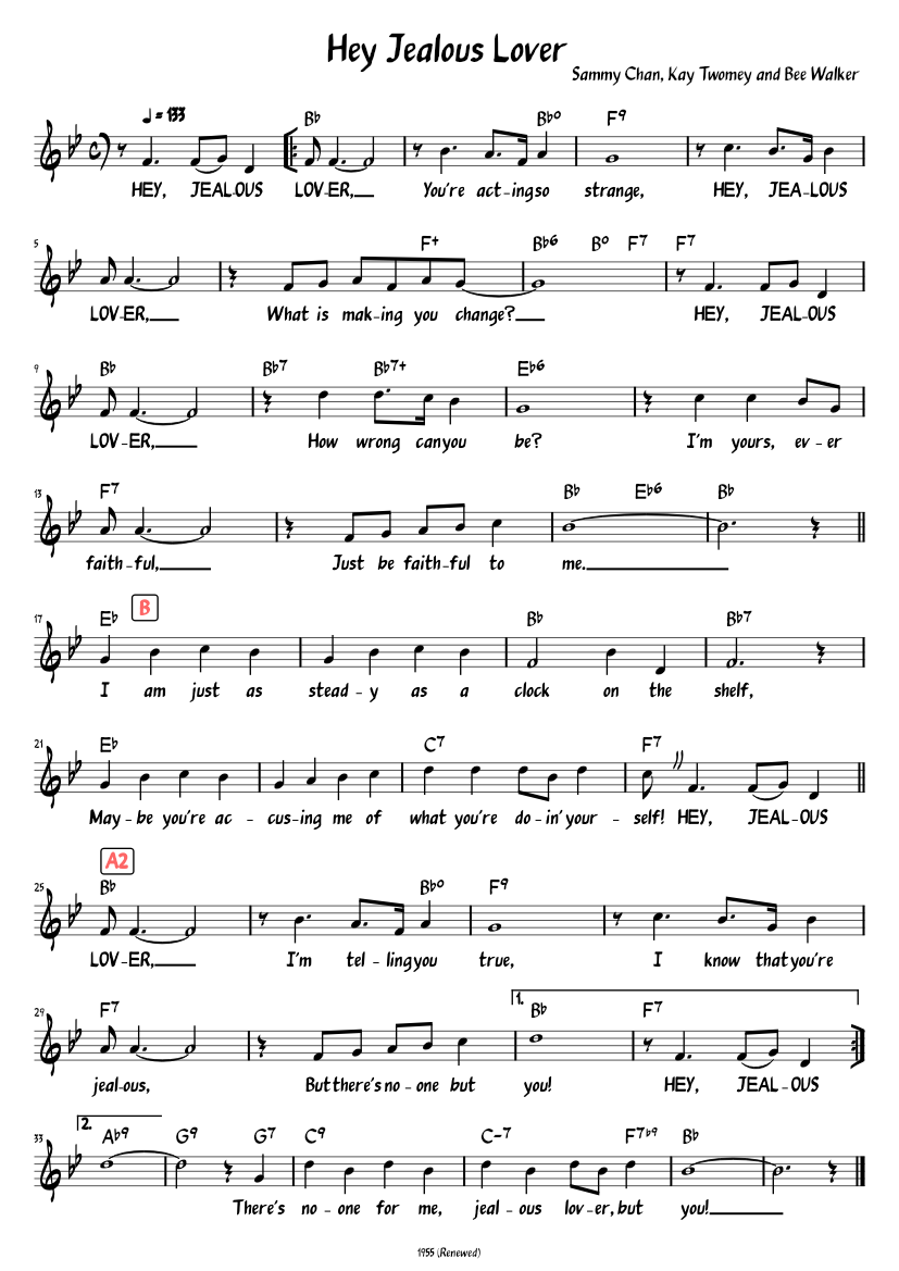Hey! Jealous Lover (Lead sheet with lyrics ) Sheet music for Piano ...