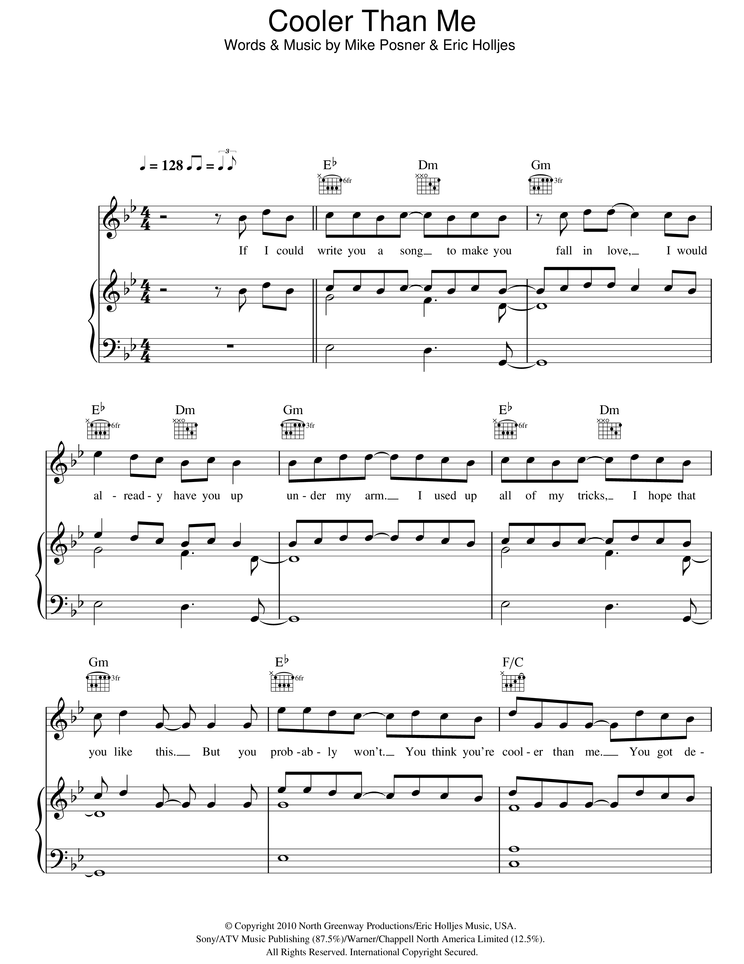 Play Official version of Cooler than me sheet music by Mike Posner for ...