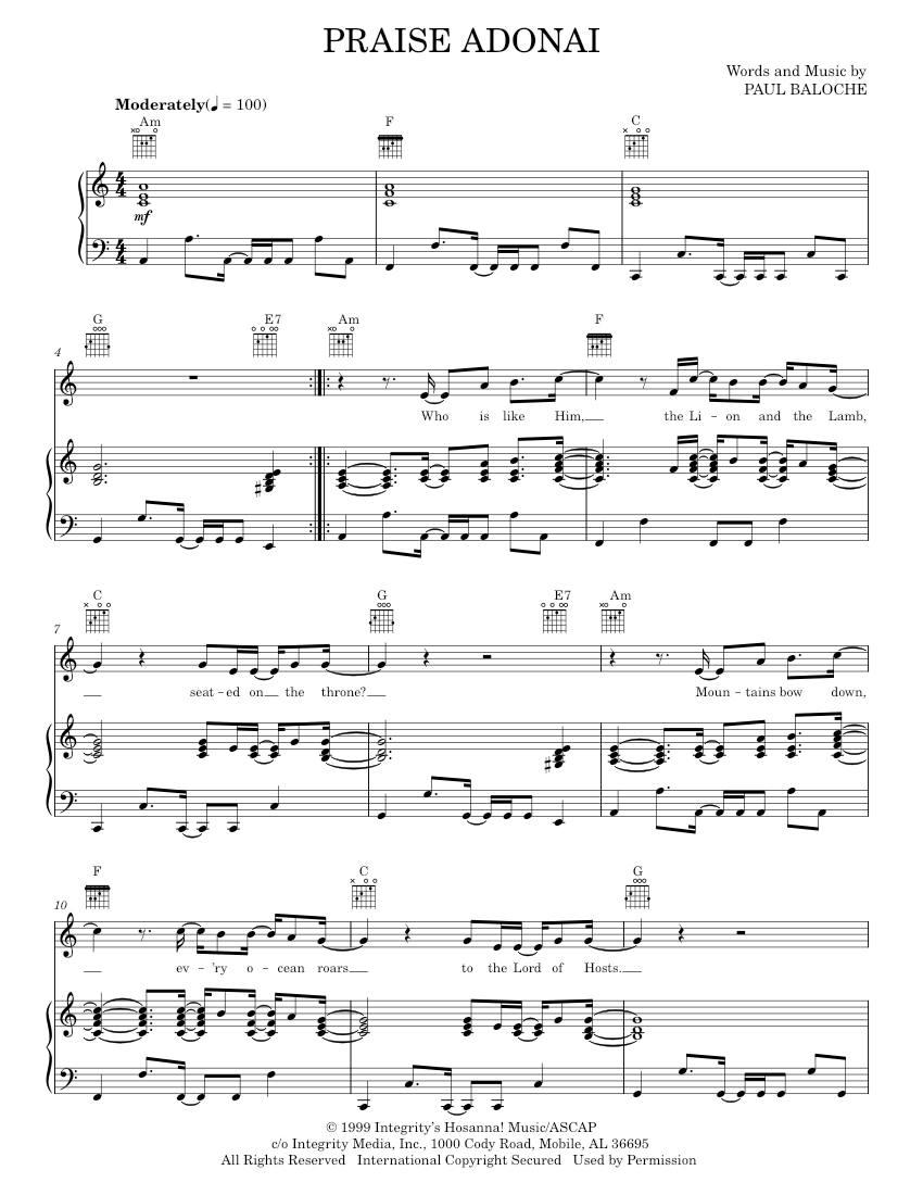 Play Official version of Praise adonai sheet music by Paul Baloche for ...