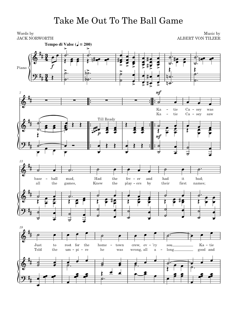 Take Me Out To The Ball Game - Albert Von Tilzer Sheet music for Piano ...