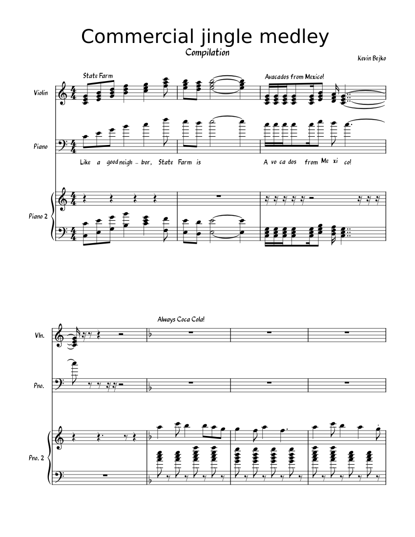 Commercial Jingle medley Sheet Music for Piano, Violin (String Ensemble ...