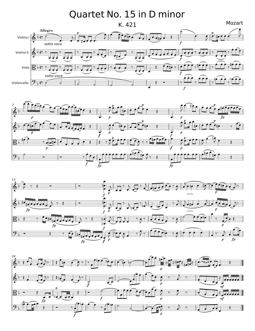 String quartet No.15 in D minor K.421 - Wolfgang Amadeus Mozart Sheet music for Violin, Viola ...