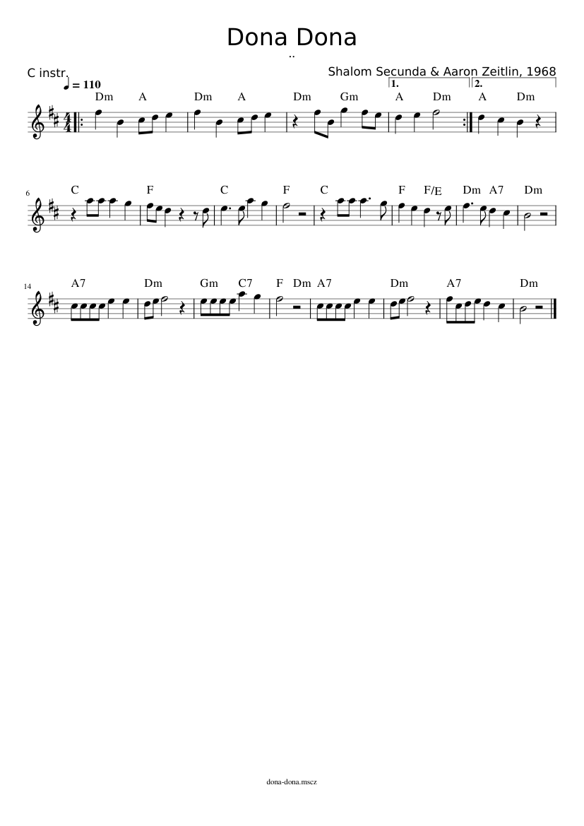 Dona Dona – Sholom Secunda & Aaron Zeitlin Sheet music for Piano (Mixed ...