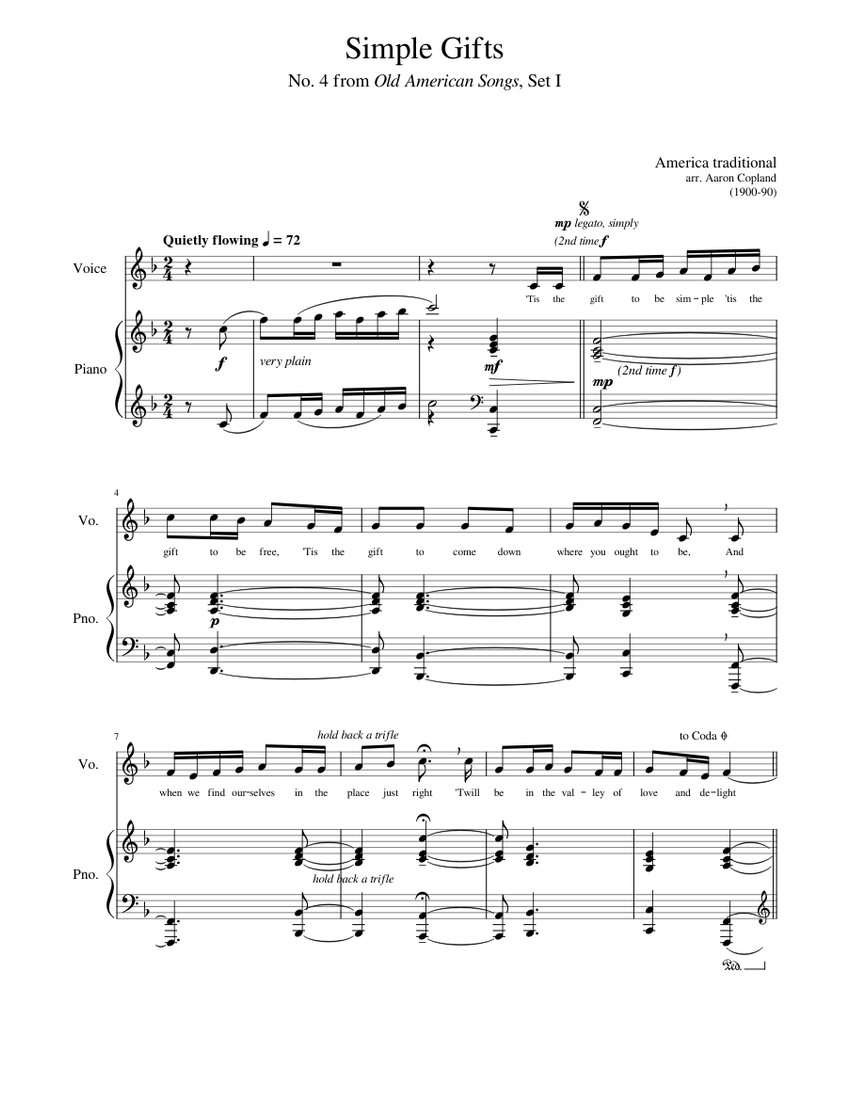 Simple Gifts – Aaron Copland Simple Gifts Sheet music for Piano, Vocals ...