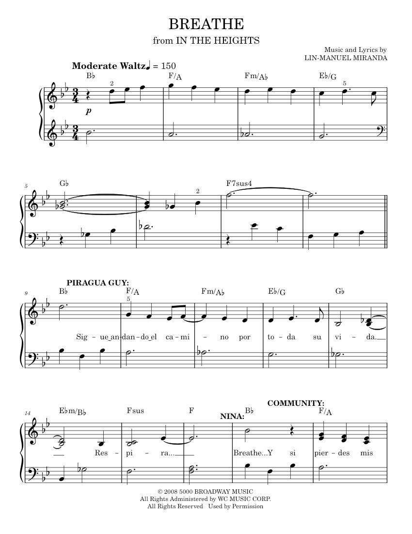 Play Official version of Breathe from in the heights Sheet Music by Lin ...