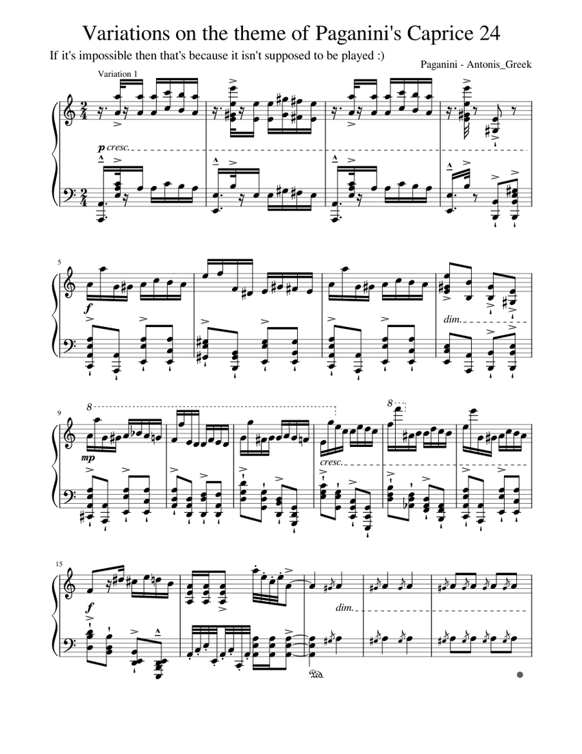 Variations On The Theme Of Paganinis Caprice 24 Sheet Music For Piano