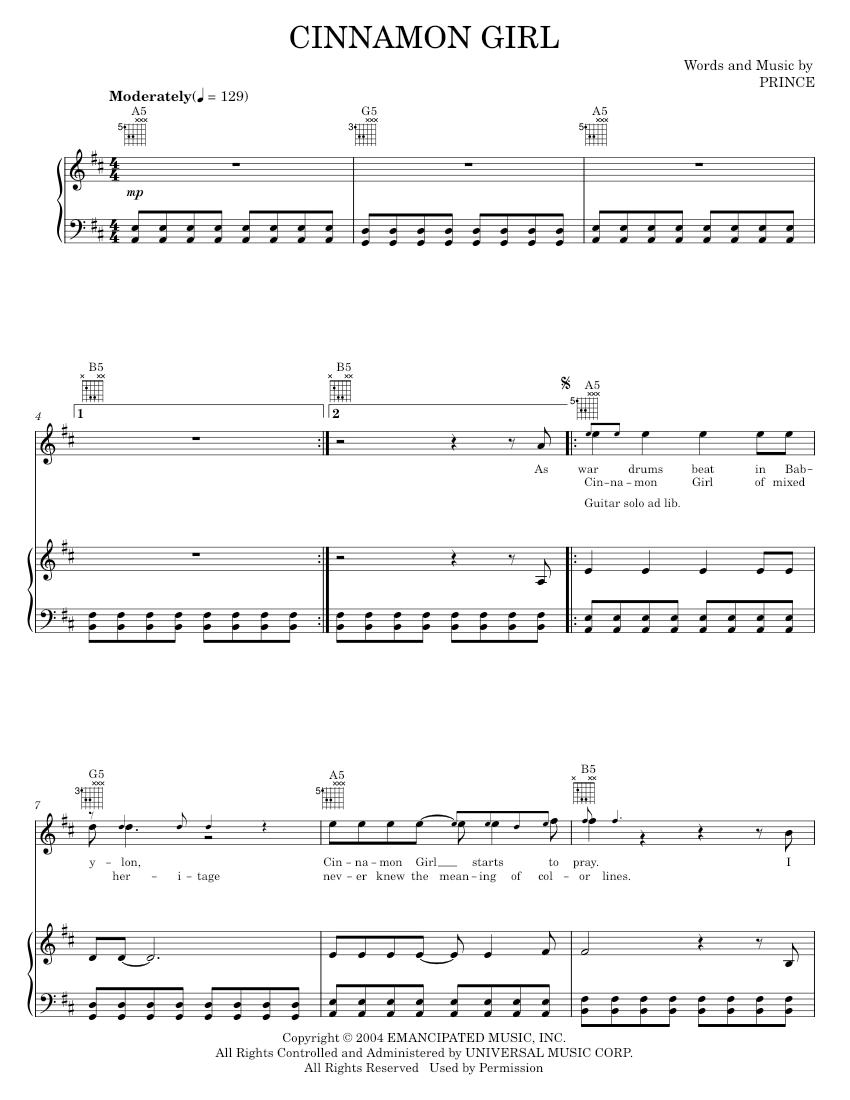 Play Official version of Cinnamon girl Sheet Music by Prince for Piano ...
