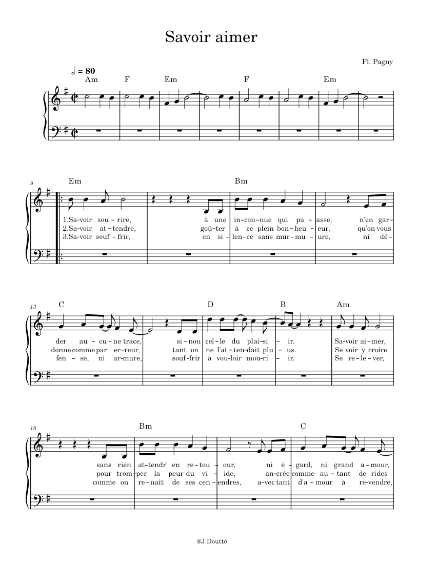 Savoir aimer – Florent Pagny - Mélodie et accords Sheet Music with ...