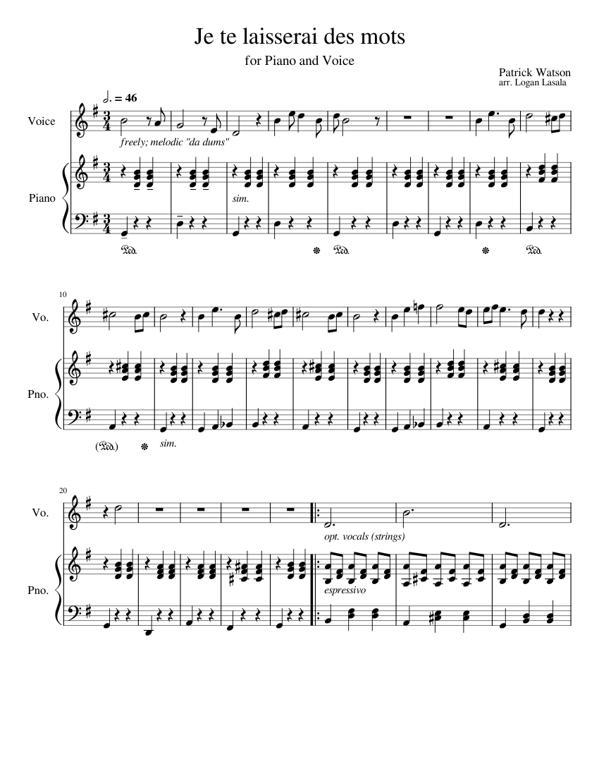 Je te laisserai des mots – Patrick Watson Sheet Music for Piano, Vocals ...