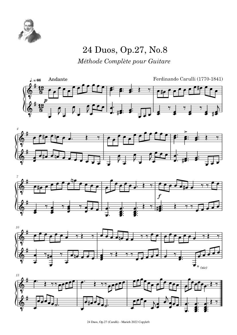 24 Duos, Op.27, No.8 – Ferdinando Carulli (1770 - 1841) Sheet music for ...
