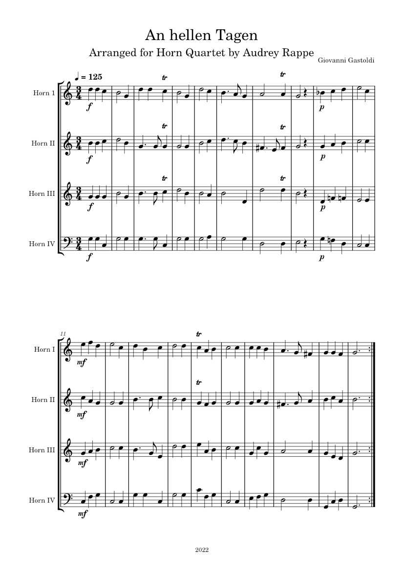 An hellen Tagen – Giovanni Gastoldi An hellen Tagen Sheet music for French horn (Mixed Quartet ...