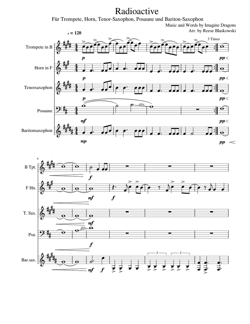 Radioactive Sheet music for Trombone, Saxophone tenor, Saxophone baritone, Trumpet in b-flat ...